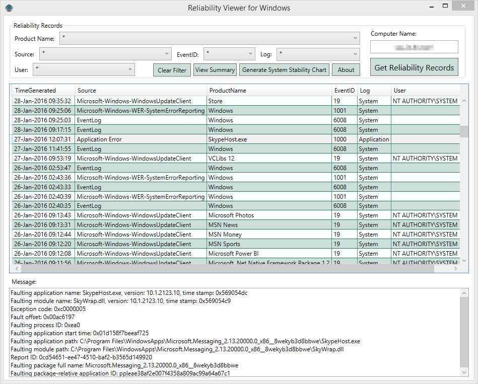 Reliability Viewer for Windows